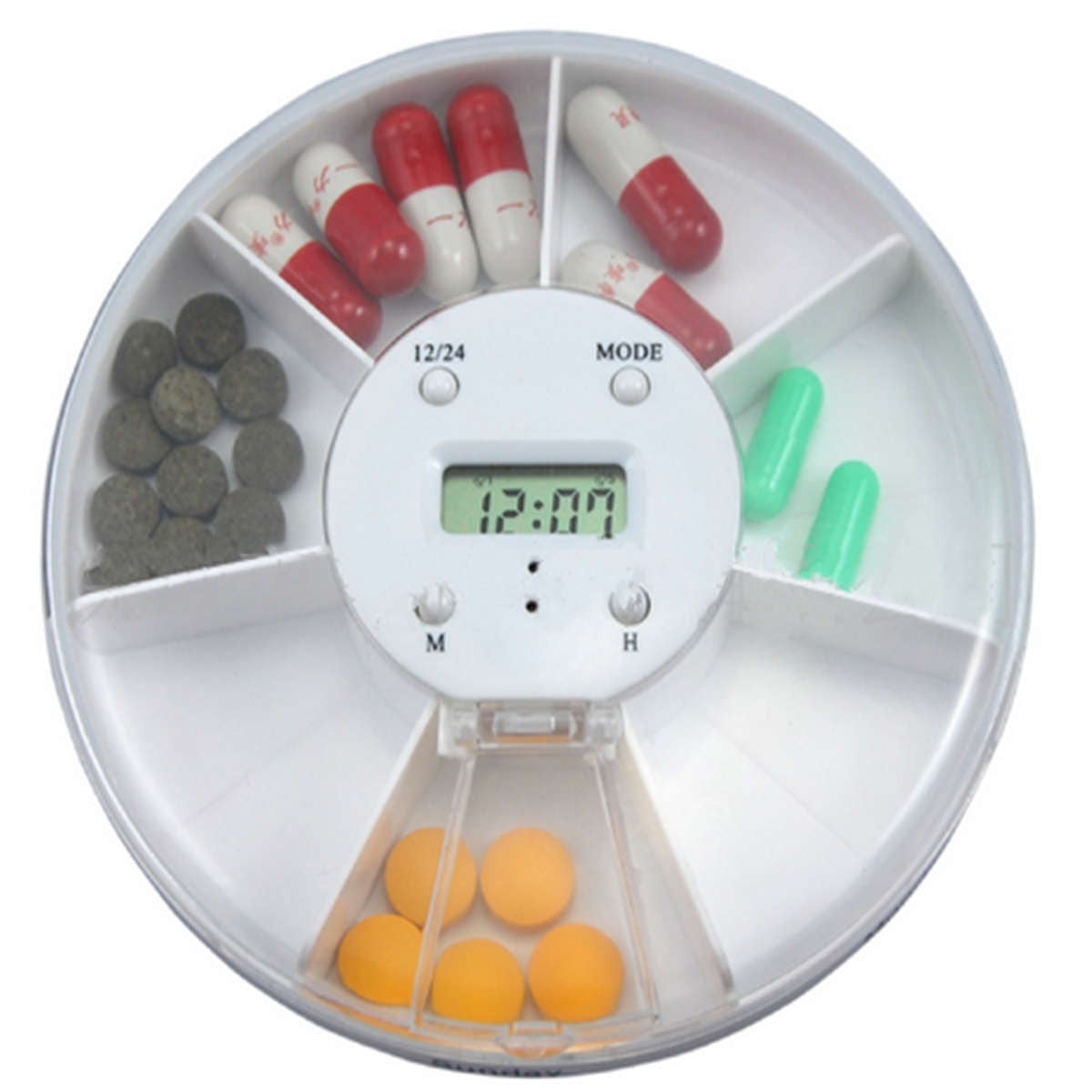 White Round 7-Day Pill Box Alarm Tablet Case Vitamin Medicine Kit Stor